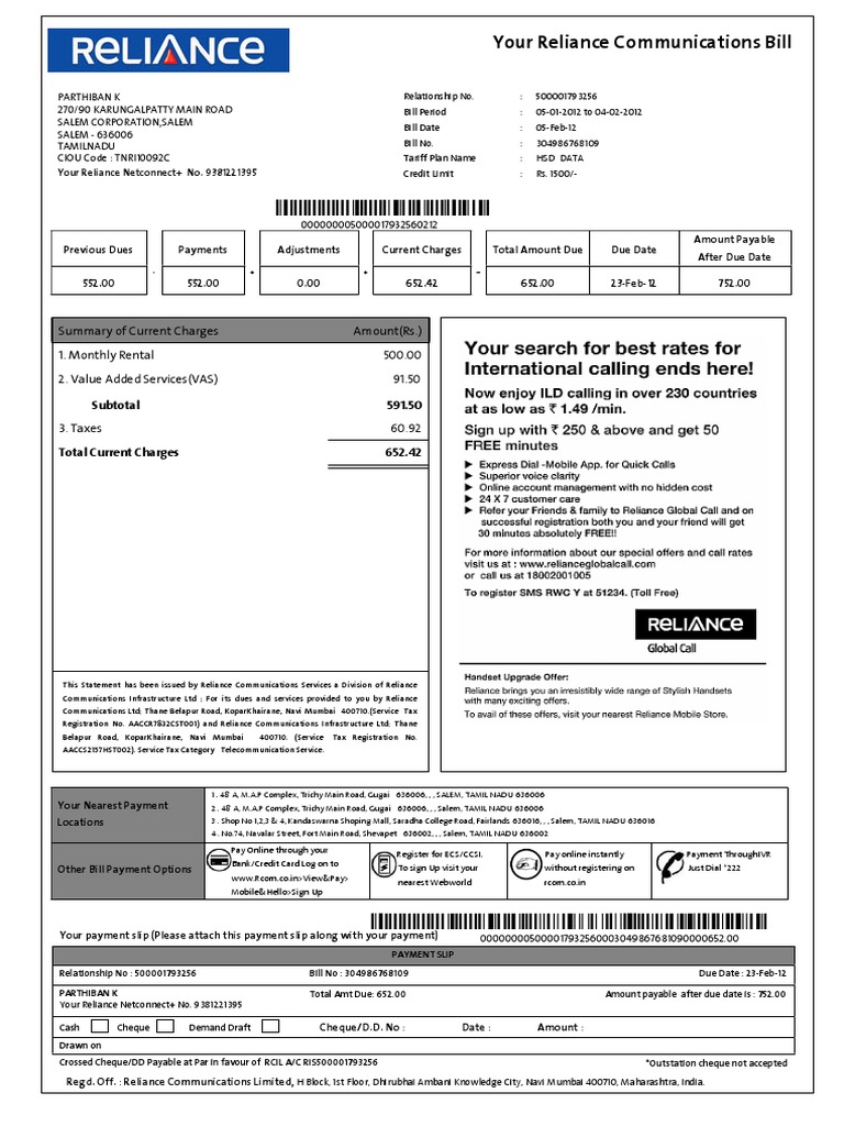 Reliance Bill | PDF | Cheque | Payments