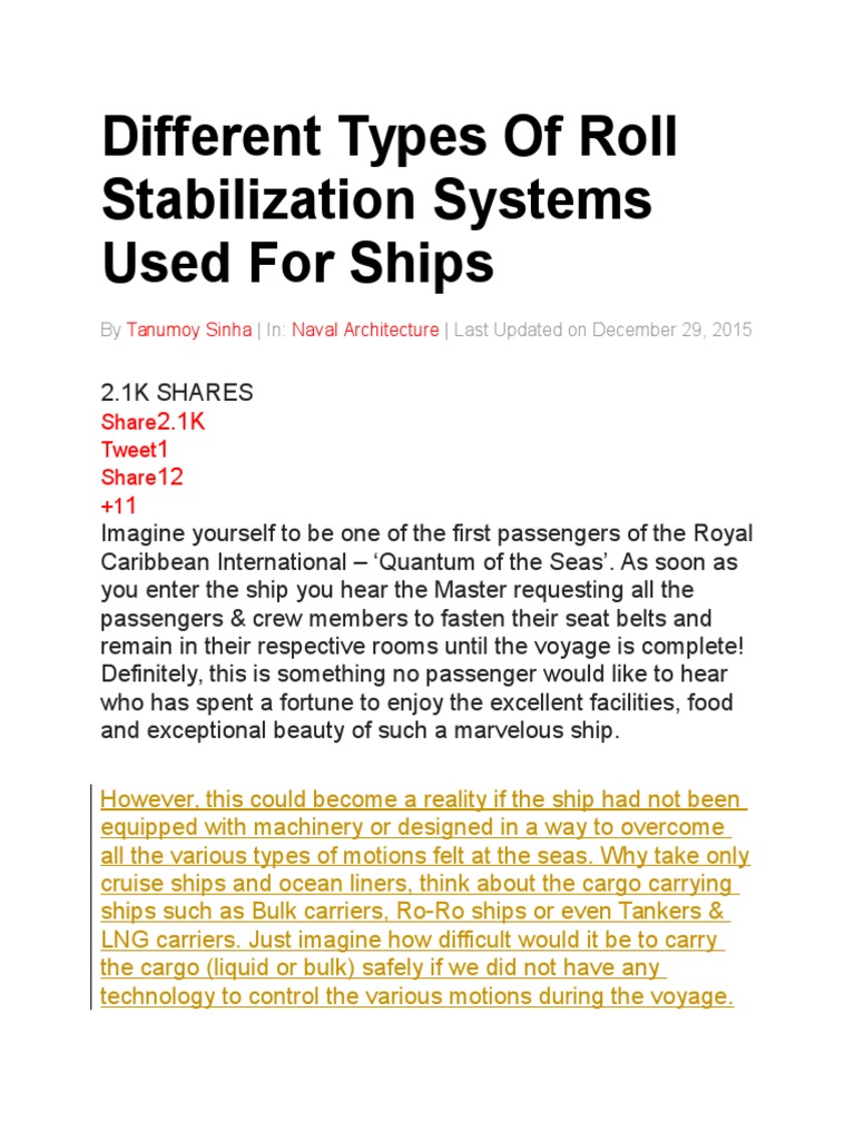 Different Types of Roll Stabilization Systems Used For Ships | PDF