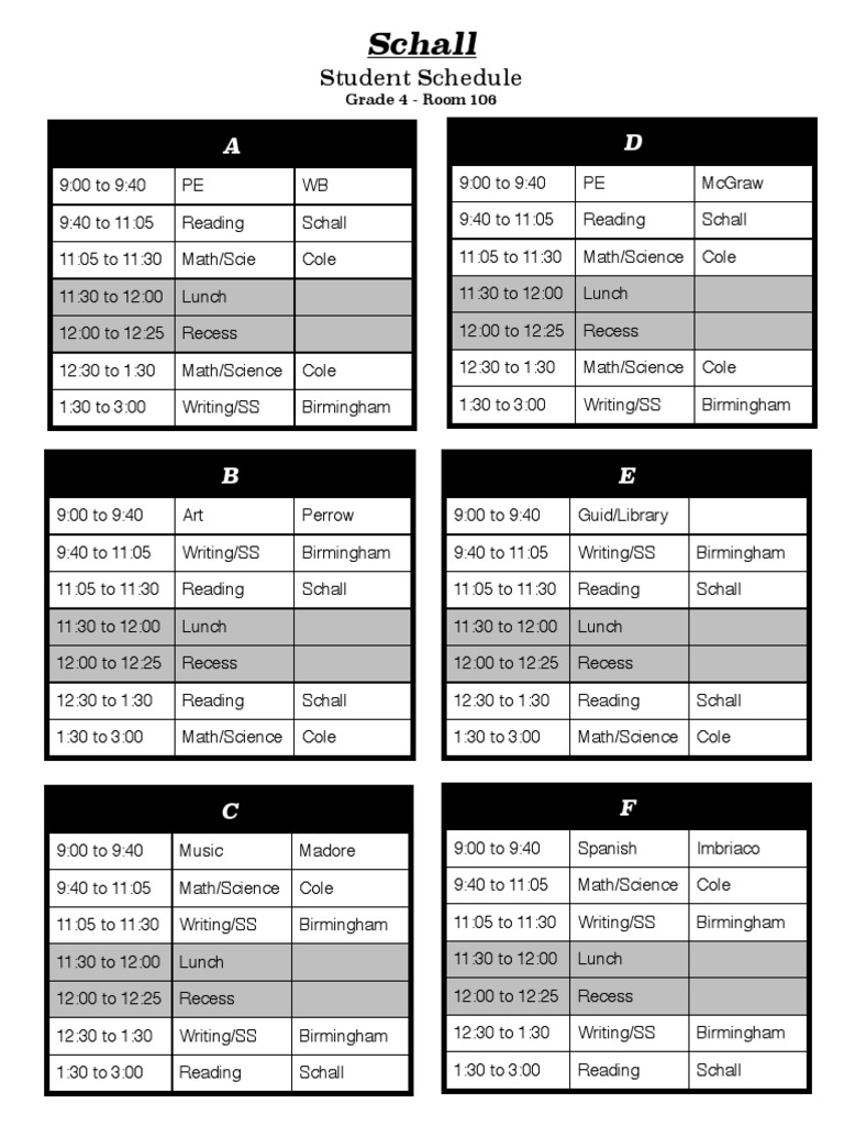 Grade 4 Student Schedule - Room 106 | PDF