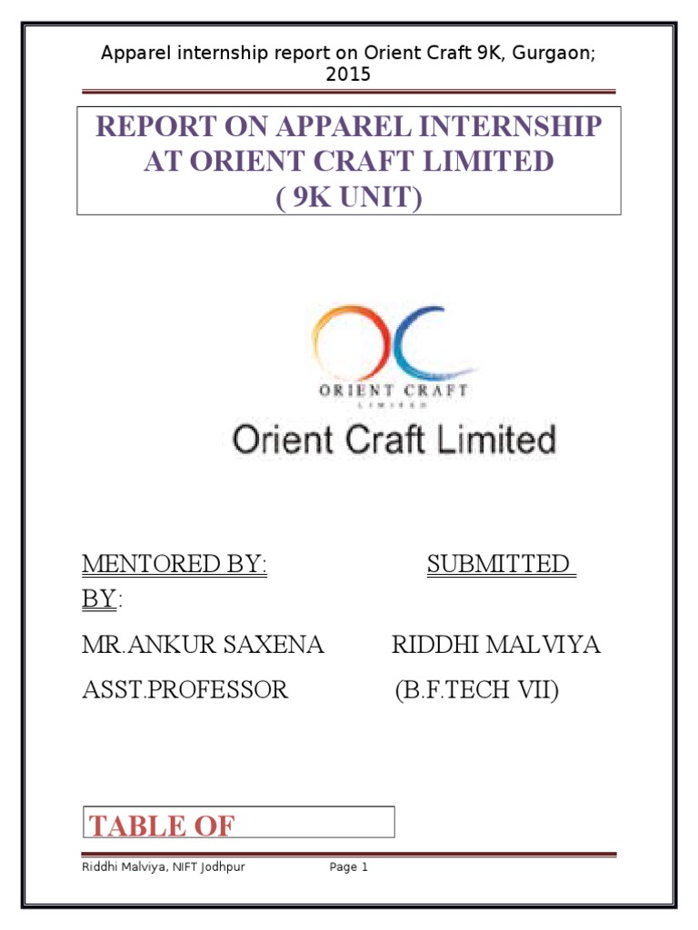 Report On Apparel Internship at Orient Craft Limited (9K Unit) | PDF ...