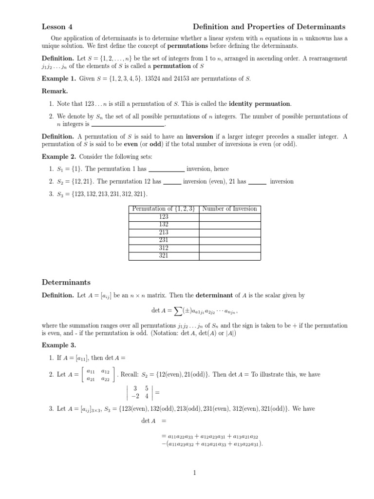 04 Determinants - Definition and Properties-Studentv2 | PDF ...