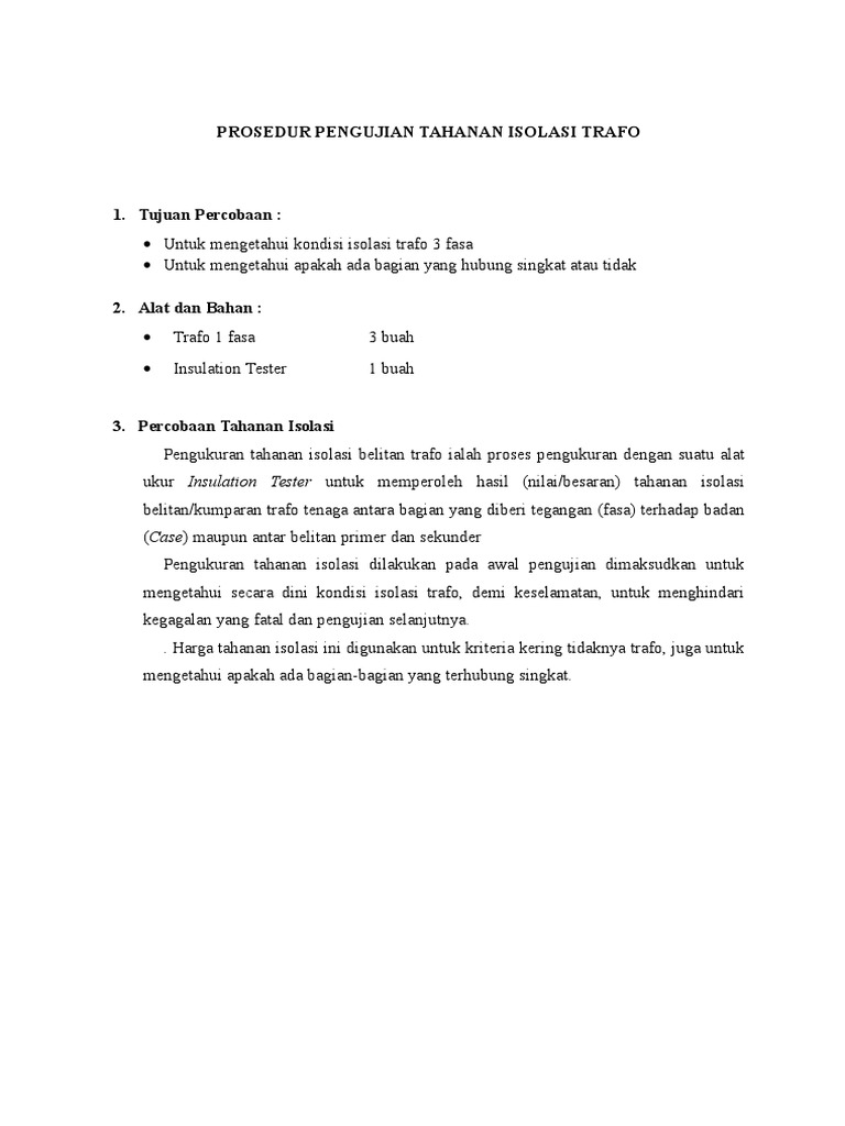 Prosedur Pengujian Tahanan Isolasi Trafo | PDF Prosedur Pengujian Tahanan Isolasi Trafo | PDF