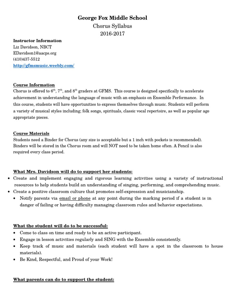 Chorus Syllabus 2016-2017 | PDF | Homework | Grading (Education)