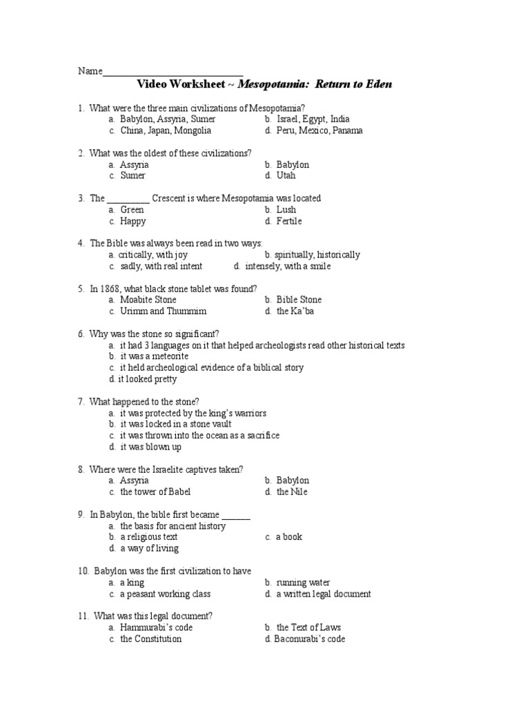 Mesopotamia Video Worksheet 1 | PDF