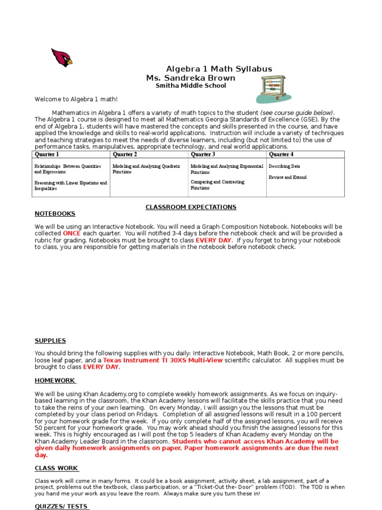 Algebra 1 Math Syllabus | PDF | Homework | Inquiry Based Learning