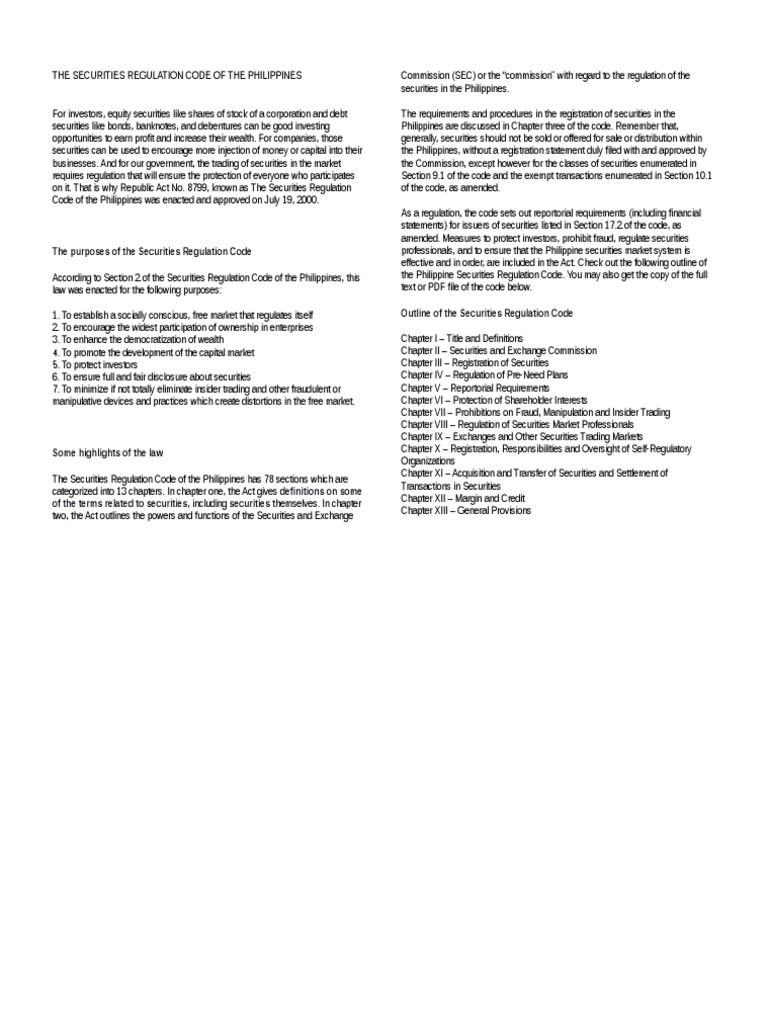 The Purposes of The Securities Regulation Code | Download Free PDF ...
