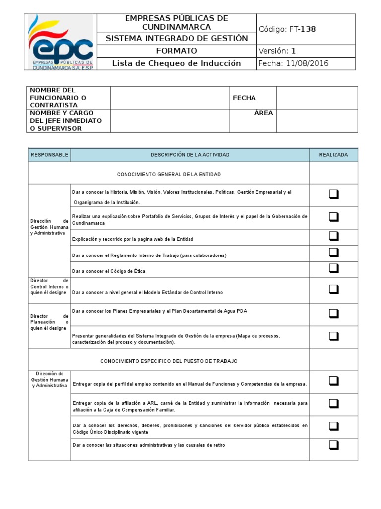 Lista de Chequeo Proceso de Inducción Completo | Conocimiento ...