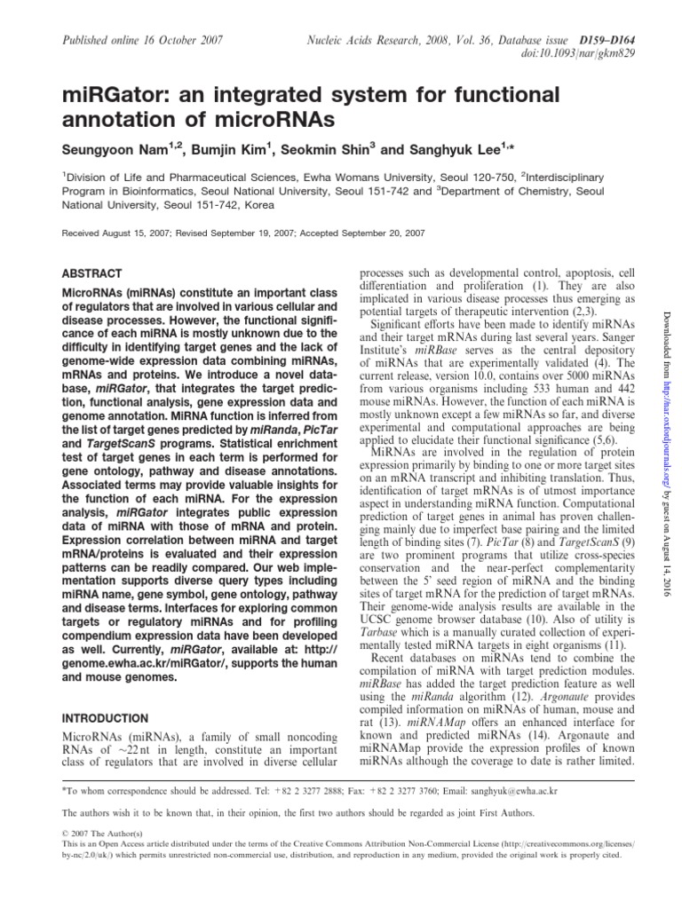 Nucl. Acids Res. 2008 Nam D159 64 | PDF | Micro Rna | Gene Expression