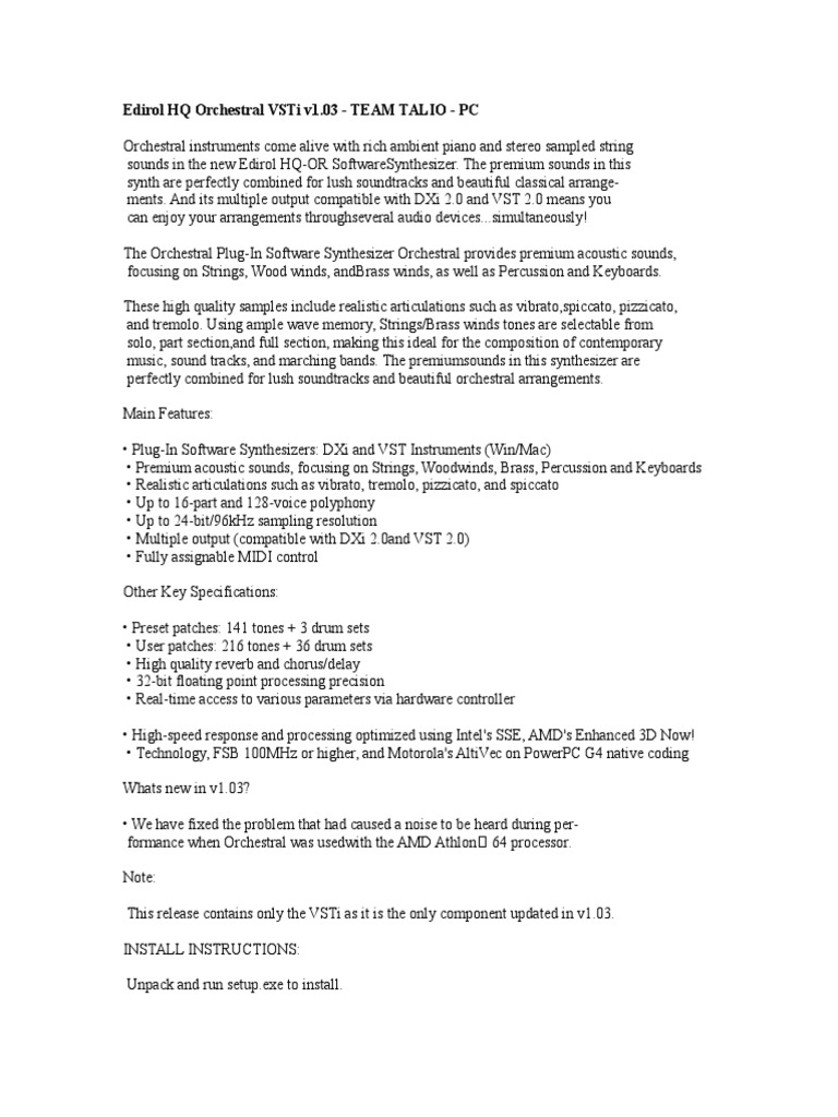 Edirol HQ Orchestral VSTi v1.03 Overview | PDF