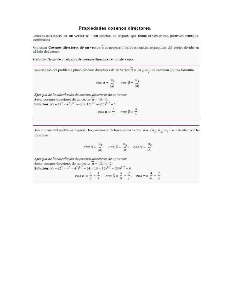 Propiedades Cosenos Directores | PDF | Vector Euclidiano | Geometría
