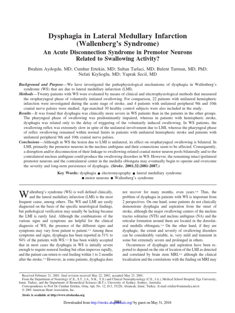 Dysphagia in Lateral Medullary Infarction (Wallenberg's Syndrome) | PDF ...