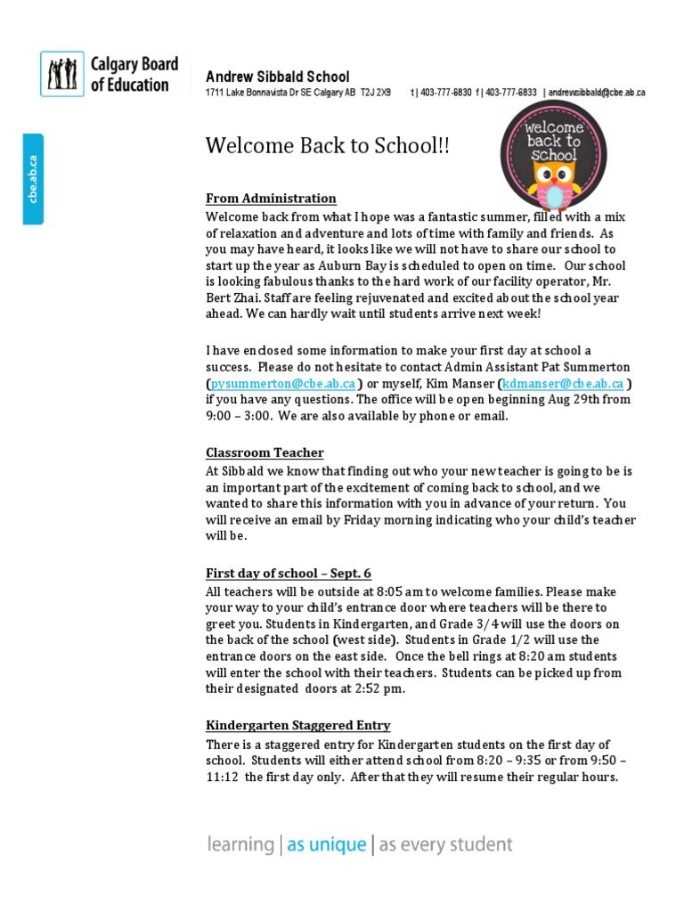 Welcome Back Parent Letter As | PDF | Text Messaging | Kindergarten
