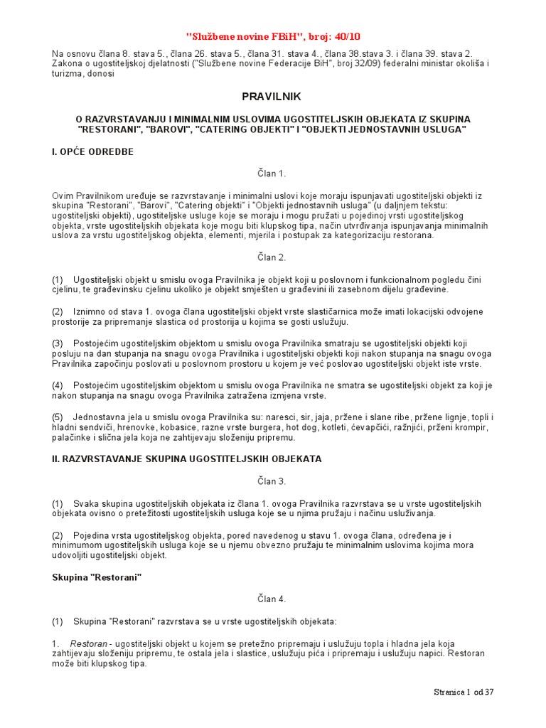 Pravilnik o Razvrstavanju ... Ugostiteljskih Objekata | PDF