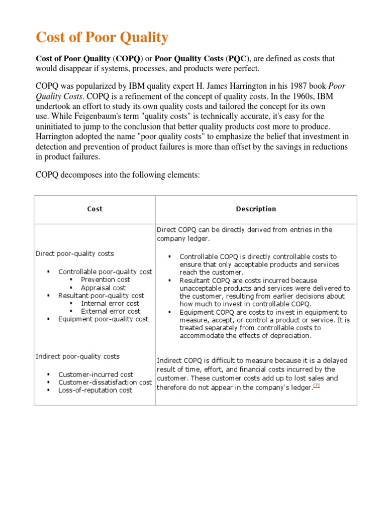 Cost of Poor Quality | PDF | Business Economics | Production And ...