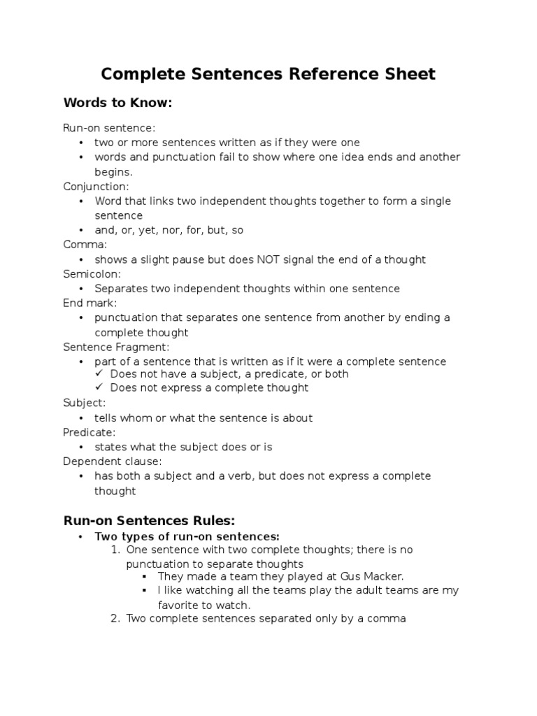 Complete Sentences Reference Sheet | Download Free PDF | Sentence ...
