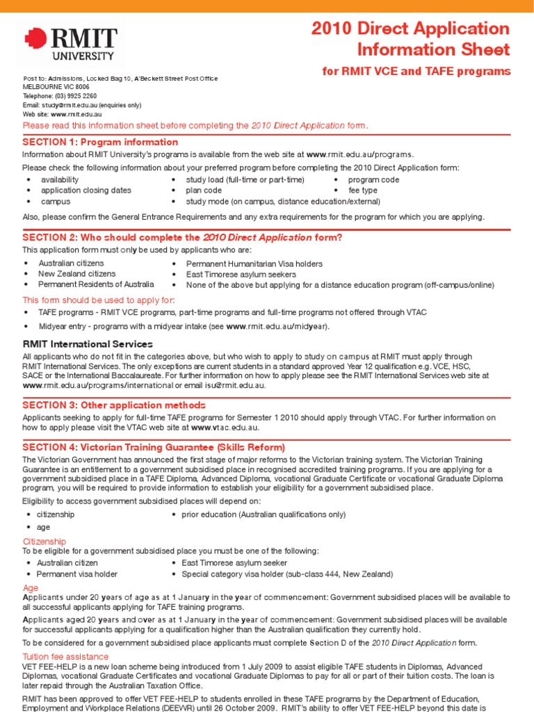 2010 Direct Application Information Sheet: For RMIT VCE and TAFE ...