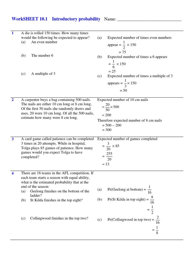 Worksheet 10.1 Introductory Probability: Name | Download Free PDF ...