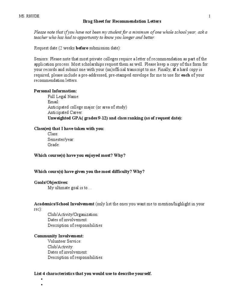 Brag Sheet for Recommendation Letters | PDF | Social Science | Wellness