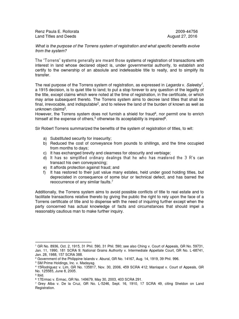 The Benefits of the Torrens System of Land Registration: Quieting Title ...