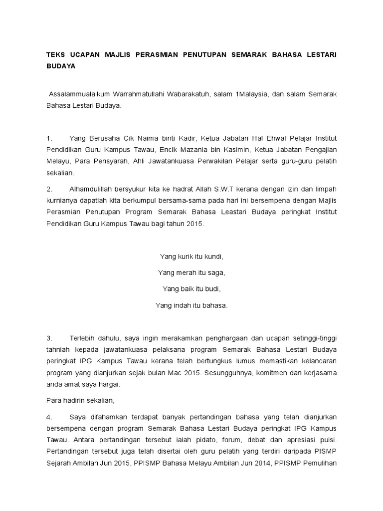 Teks Ucapan Majlis Perasmian Penutupan Semarak Bahasa Lestari Budaya | PDF