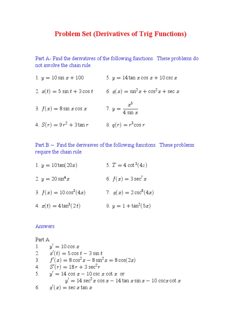 Problem Set (Derivatives of Trig Functions) | PDF