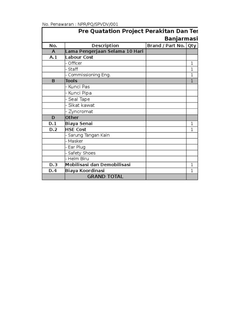 Pre Quatation Project Perakitan Dan Test Comm Trimset Deluge Valve ...