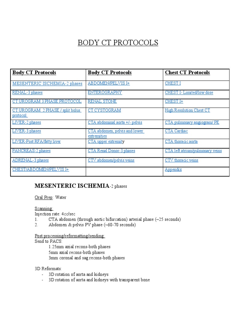 CT Body Protocols | PDF | Aorta | Ct Scan