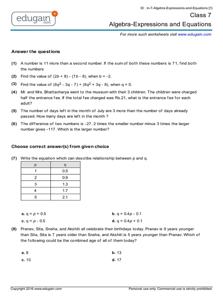 Grade 7 Algebra Expressions and Equations In | Algebra | Physics ...