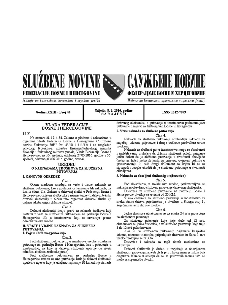 Uredba o Naknadama Troskova Za Sluzbena Putovanja PDF | PDF