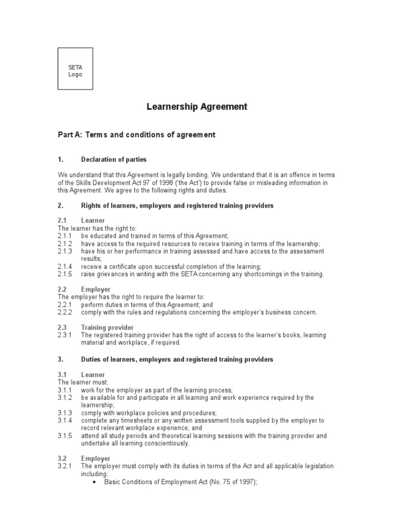 Learnership Agreement | Occupational Safety And Health | Employment ...