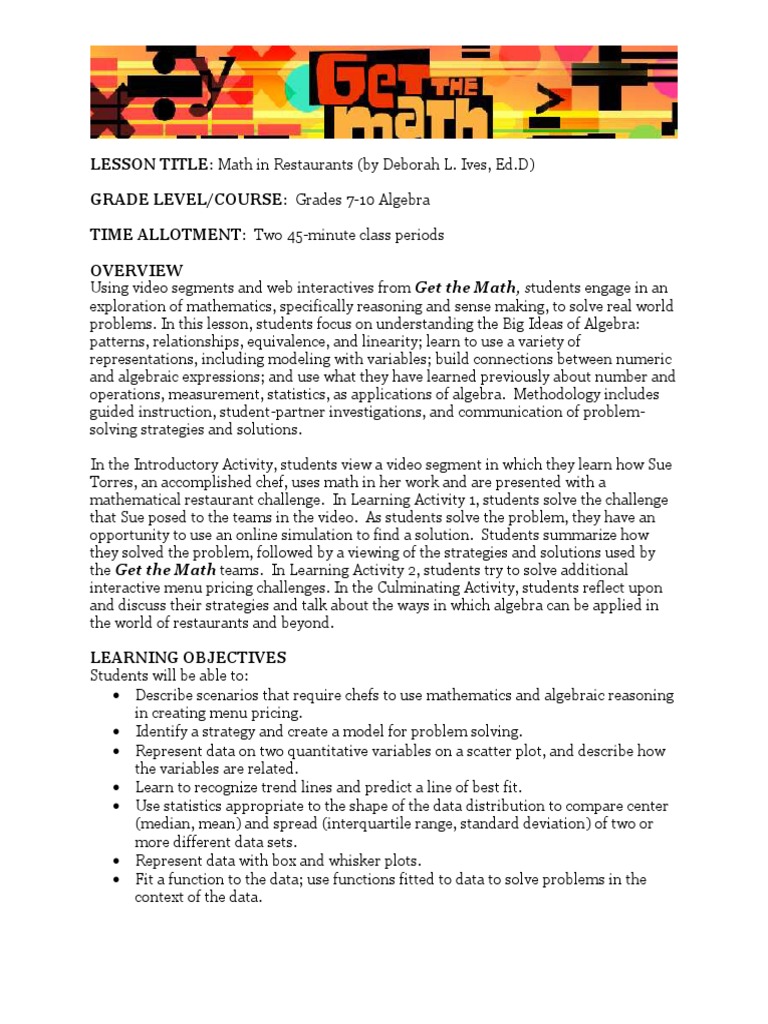 Math in Restaurants Full Lesson Final 4.17.12 | PDF | Median ...