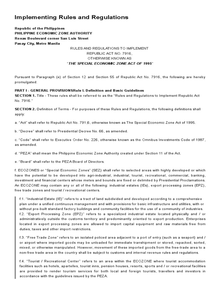 Implementing Rules and Regulations - PEZA | Lease | Exports