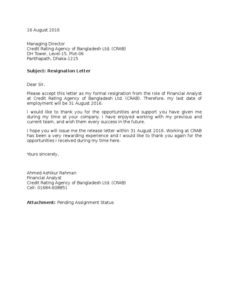 Resignation Letter from Financial Analyst | PDF