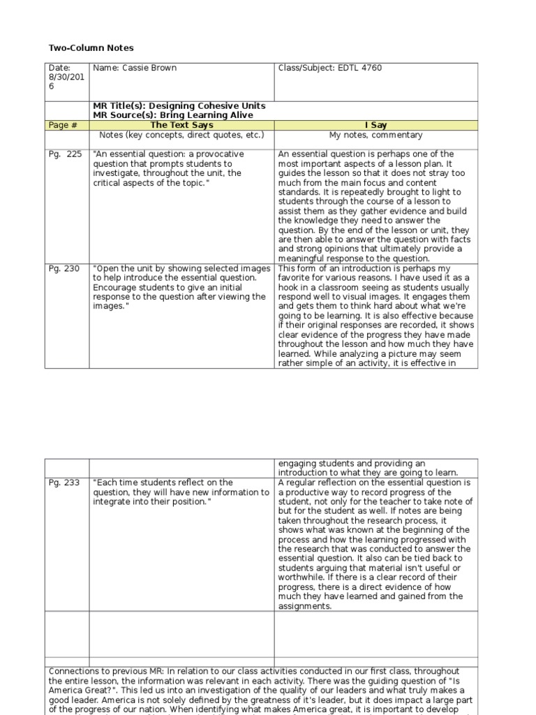 Two-Column Notes - MR 1 | PDF | Lesson Plan | Applied Psychology