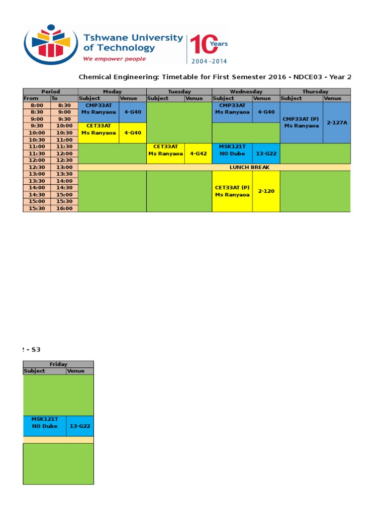 Chemical Engineering: Timetable For First Semester 2016 - NDCE03 - Year 2 - S3 | PDF