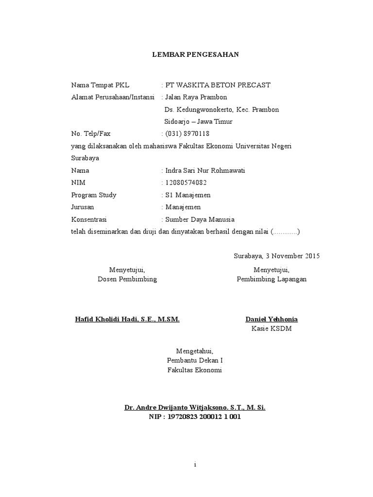 Lembar Pengesahan Laporan PKL (Magang) | PDF