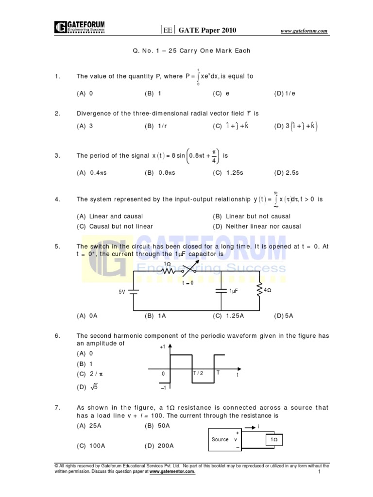 EE GATE Paper 2010: P Xe DX, Is Equal To | PDF | Electric Generator ...