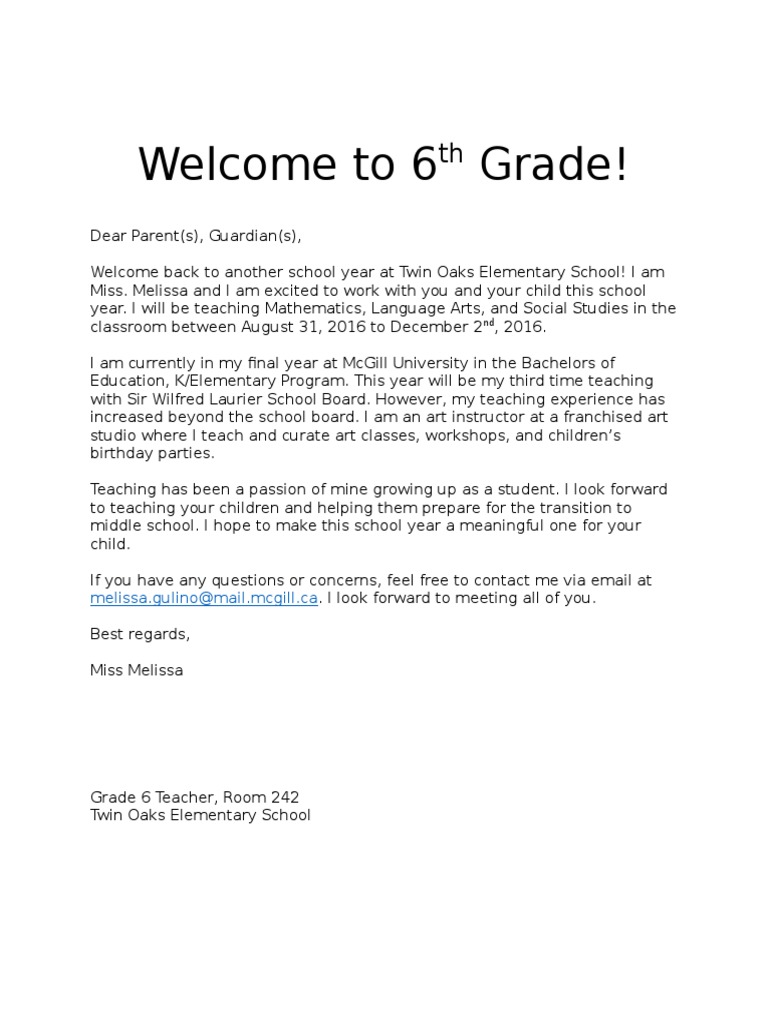 Welcome Letter To Parents | PDF
