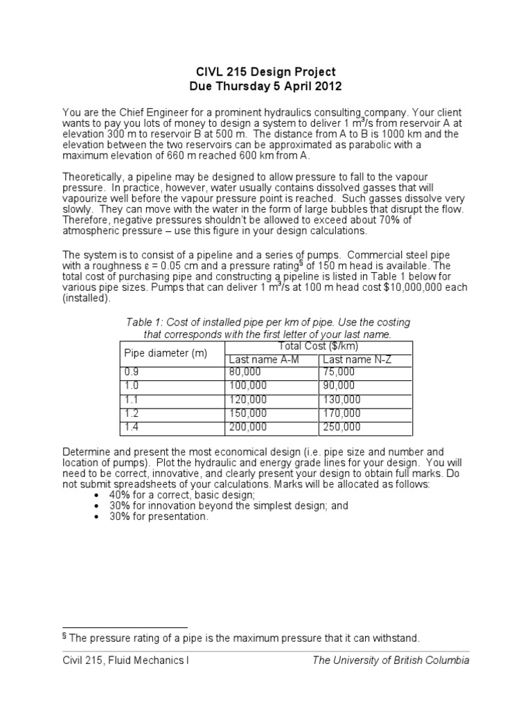 CIVL215 Pipeline Design Project | PDF