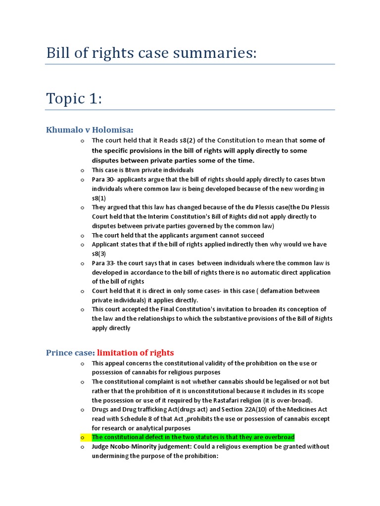 Bill of Rights Case Summaries | PDF | Freedom Of Speech | Substance Abuse