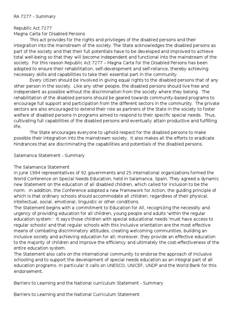 RA 7277 | Learning | Inclusion (Education)