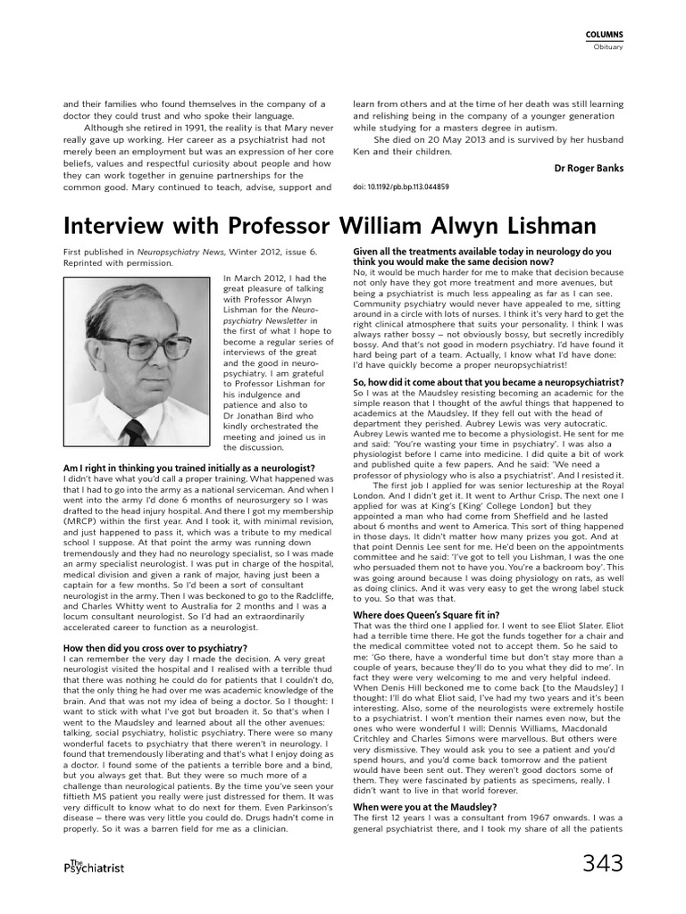 Interview Lishman | PDF | Neuropsychiatry | Psychiatry
