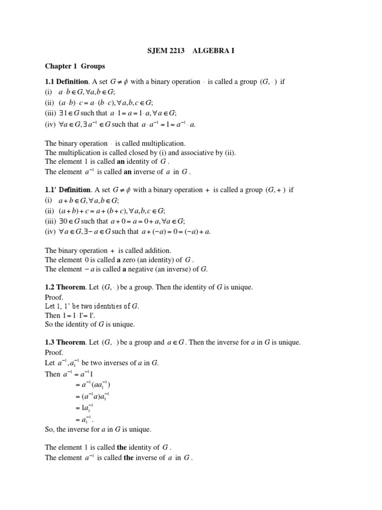 Sjem 2213 Algebra I Chapter 1 Groups 1.1 Definition. A Set | PDF | Group (Mathematics ...