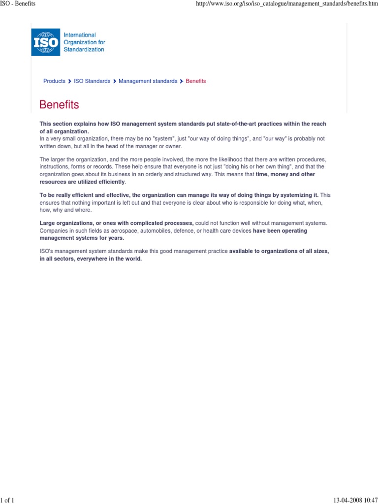 Benefits of ISO Management Standards | PDF
