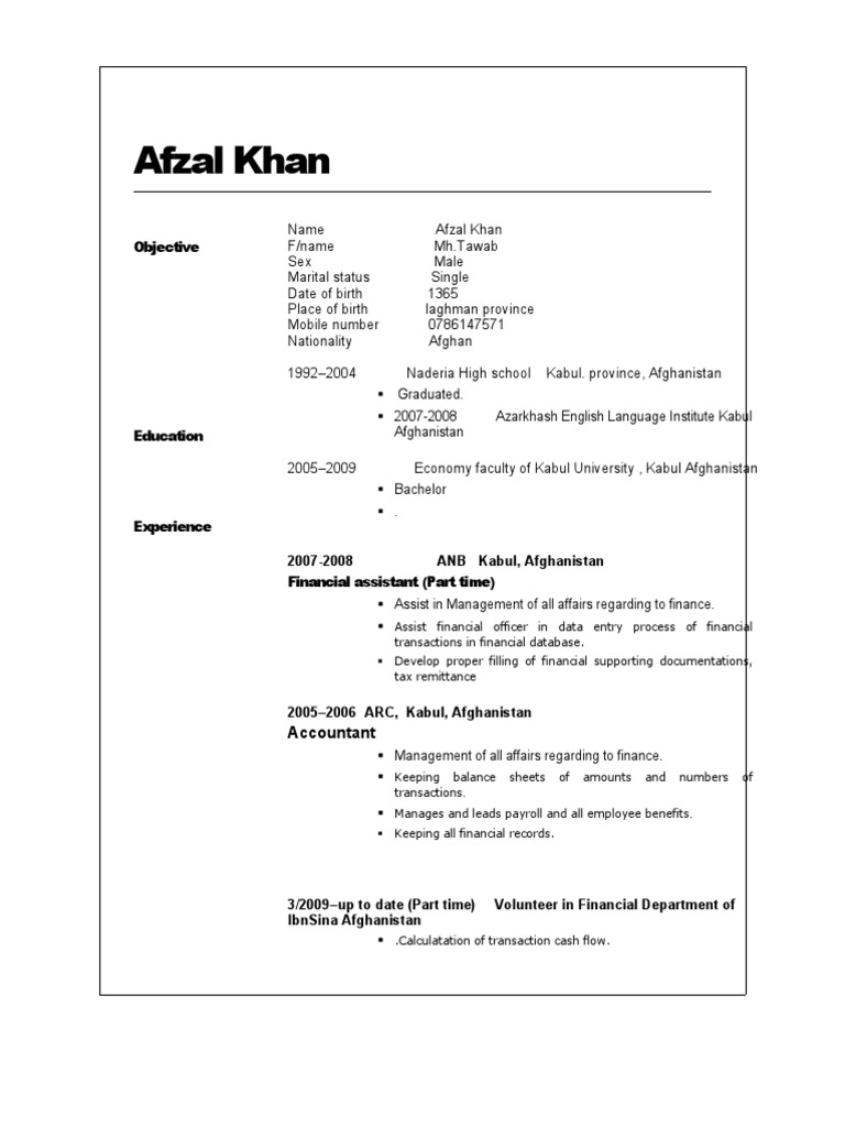 CV of Afzal Khan | PDF | Afghanistan | Economies