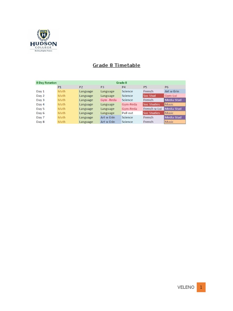 Grade 8 Timetable 2016 2017 | PDF