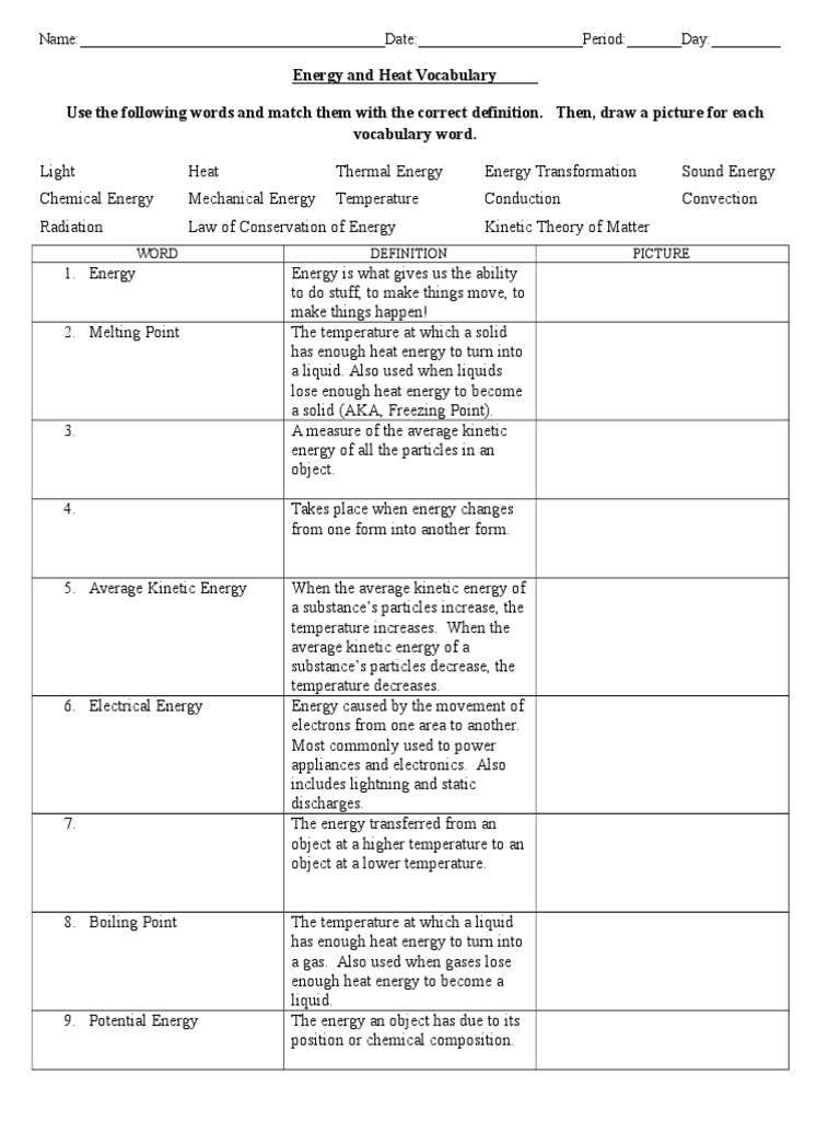 3 Column Energy and Heat Vocab Worksheet | PDF | Heat | Temperature