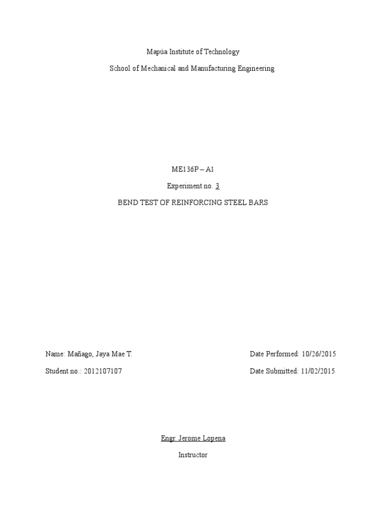 Experiment 3 - Bend Test of Reinforcing Steel Bars | PDF | Bending ...