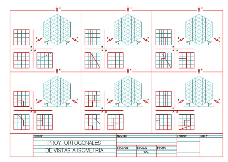 L - 09, Proyecciones Ortogonales, Ejercicios, 02, de Vistas A Isometría | PDF