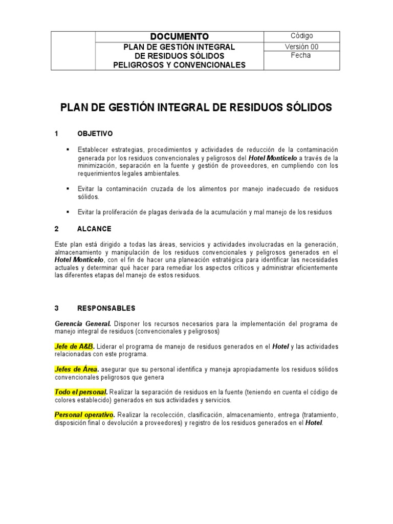 PGIRS - PMIRS Plan de Gestion Integral de Residuos Solidos | PDF